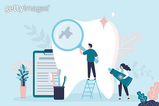 Female character holding tube of toothpaste. Specialist with magnifying ...