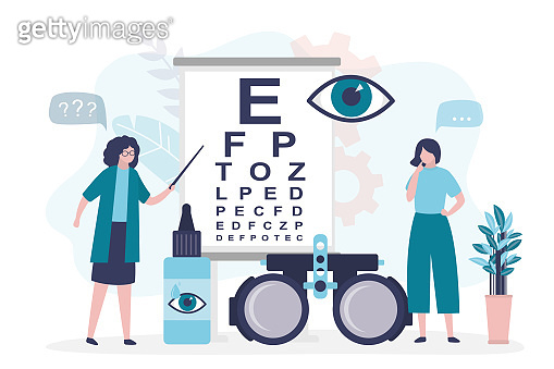 Girl checks eyesight with ophthalmologist. Ophthalmological tools for ...