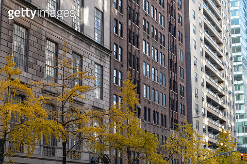 Row of Fancy Residential Buildings and Skyscrapers in Midtown Manhattan ...