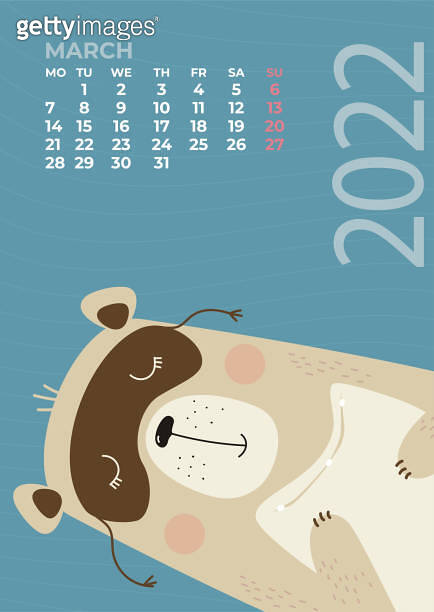 Bear calendar. March 2022. A cute bear sleeps with a pillow in its paws ...