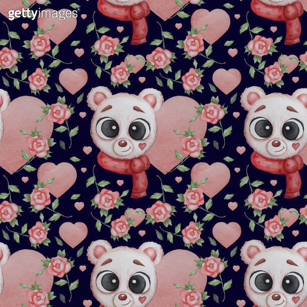 Seamless patterns. Portrait of white polar bear in a red scarf on a ...