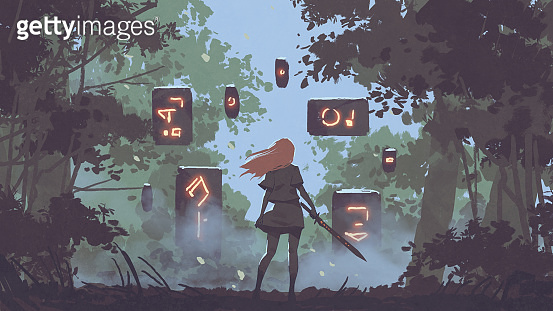 mysterious floating stones in the dark forest 이미지 (1301399243) - 게티이미지뱅크