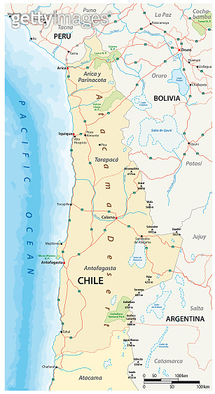 vector roads and national park map of the Atacama desert in the north ...