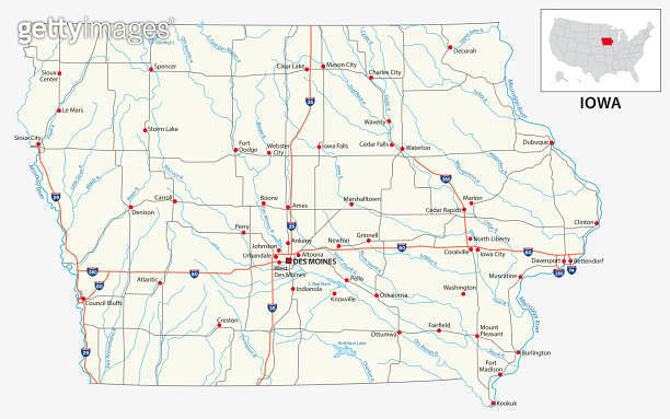 road map of the US American State of Iowa 이미지 (1358191055) - 게티이미지뱅크