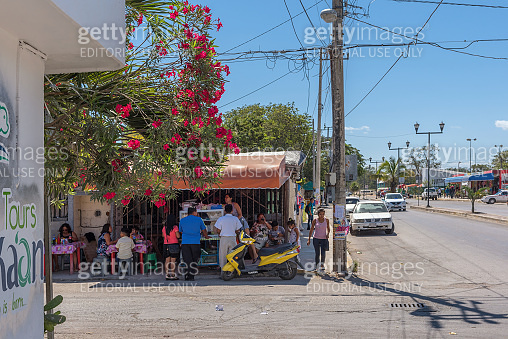 shops and restaurants on the main street of Tulum, Quintana Roo, Mexico ...