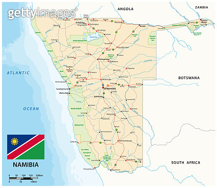 vector road map of Namibia with flag 이미지 (1299426642) - 게티이미지뱅크