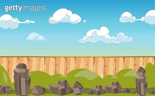 Cartoon landscape banner. Country or village background, stones wooden ...