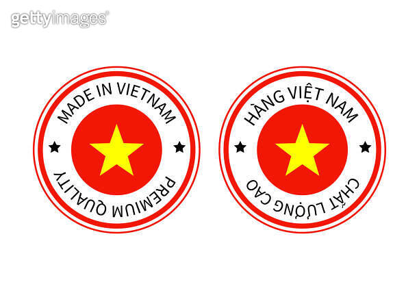 Made in Vietnam round labels in English and in Vietnamese languages ...