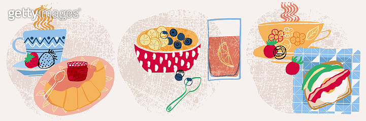 Breakfast foods hand-drawn illustrations. Breakfast meals icon set of 3 ...