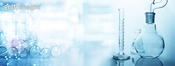 round glass flask with extraction glassware set with blue chemical ...