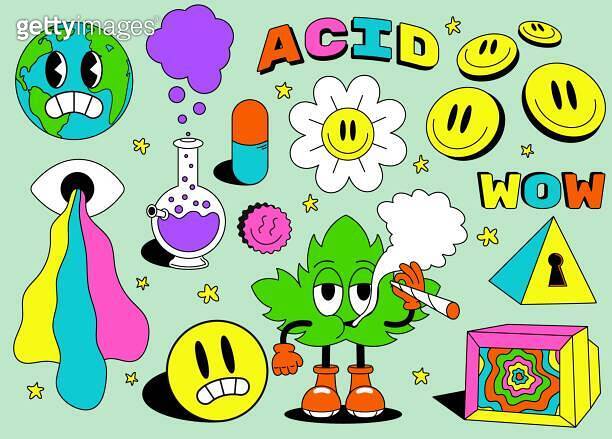 Acid abstract characters and objects. In a cartoon style, a set of ...