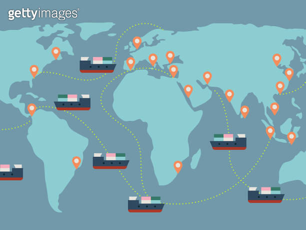Illustration of Cargo Shipping Routes and Major Ports on World Map 이미지 ...