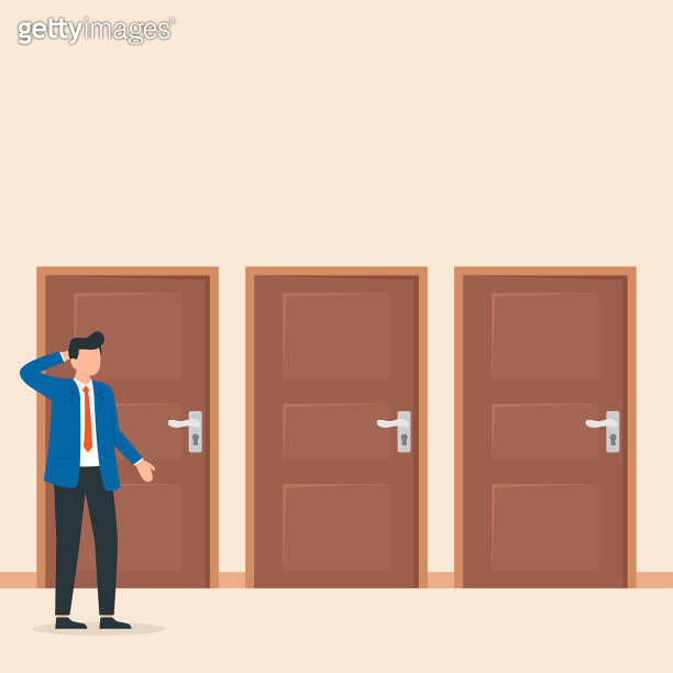 Make your choice. Man having a choice in front of three doors. Decision ...