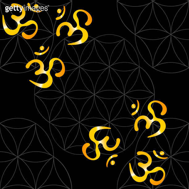 Black background with traditional Indian symbols: mantra, om. Flower of ...