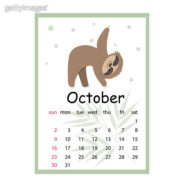 Calendar for 2022 cute Sloth characters, color vector illustration in ...