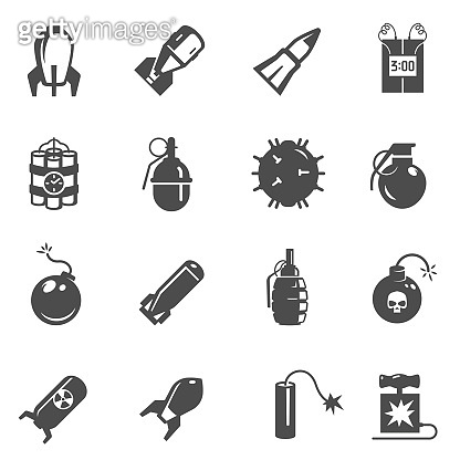 Bombs, grenades bold black silhouette icons set isolated on white ...