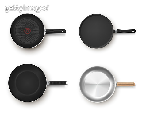 Collection empty frying pans top view vector realistic illustration ...