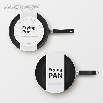 Set of new frying pan with paper labels top view vector 3d black ...