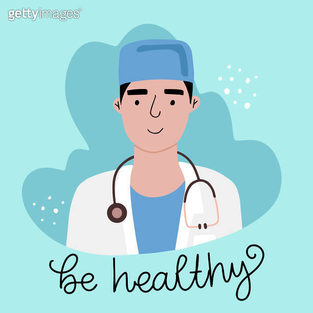 Doctor character with stethoscope wearing blue uniform, white coat ...