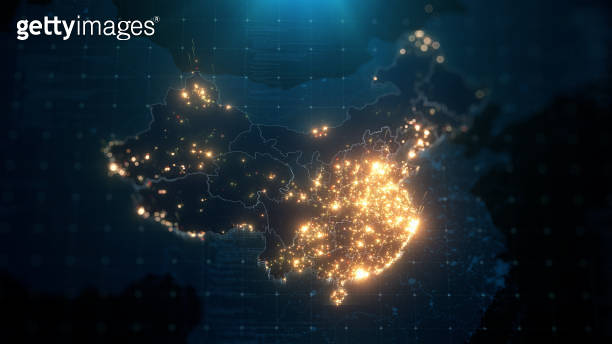 Night Map of China with City Lights Illumination 이미지 (1301237799) - 게티이미지뱅크