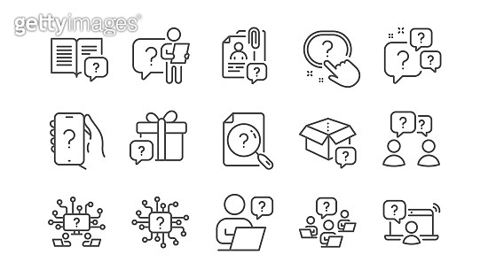 Questions line icons. Artificial Intelligence computer, phone with Question mark, Problem solve ...