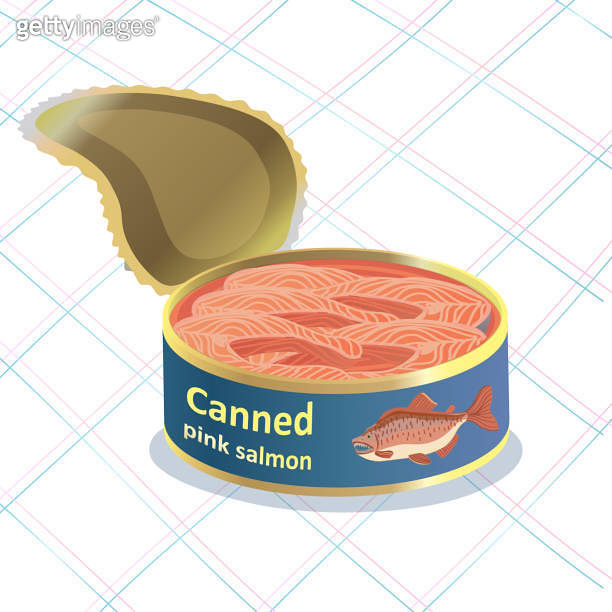 Canned fish. Tinned pink salmon. Fish dishes. Tin can with pink salmon ...