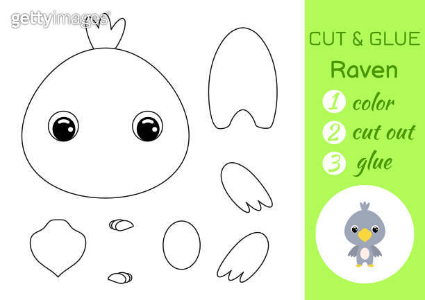 Coloring book cut and glue baby raven. Educational paper game for ...