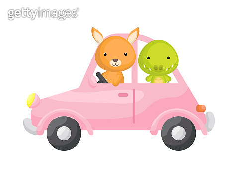 Cute little crocodile and kangaroo driving pink car. Cartoon character ...