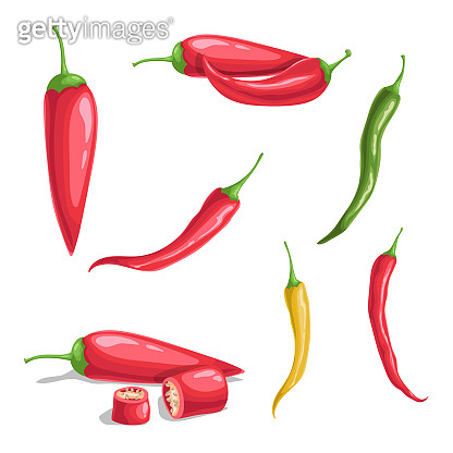 Chili pepper set in cartoon flat style. Different type of hot spicy ...