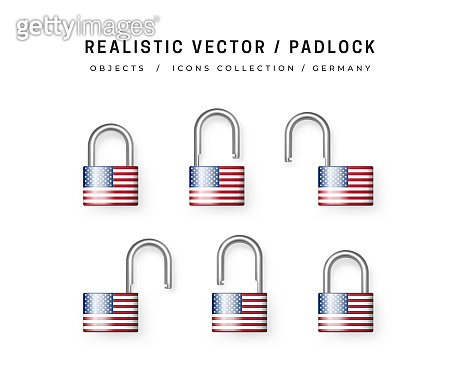 Secure padlock decorated with USA flag. Icons Set of closed and open ...
