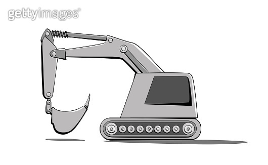 Gray excavator with a bucket down, illustration. Excavator through the ...
