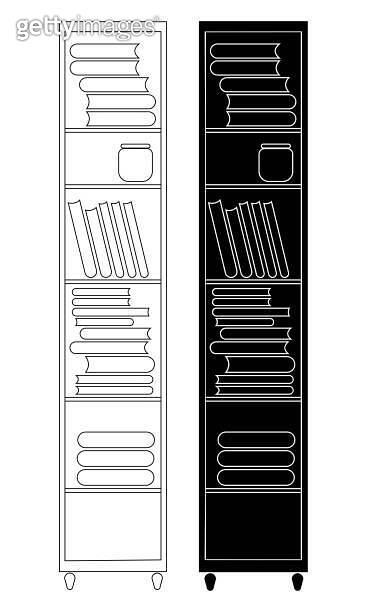 Tall vertical bookcase with a stack of books. Vector silhouette ...