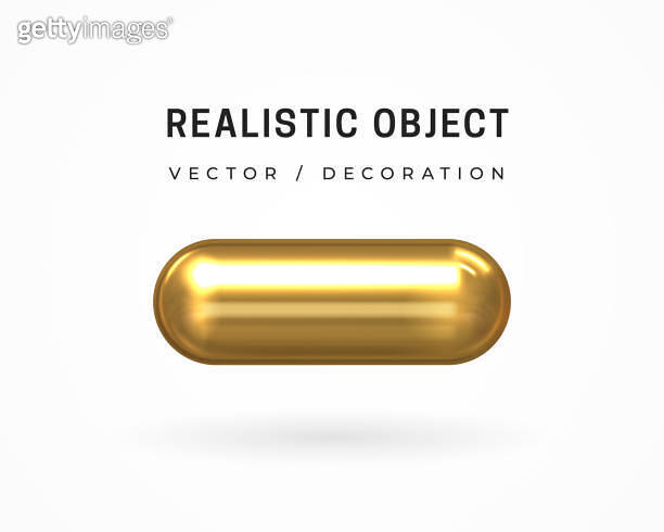Golden metal capsule. Volumetric geometric shape. Isolated on white. 3d ...
