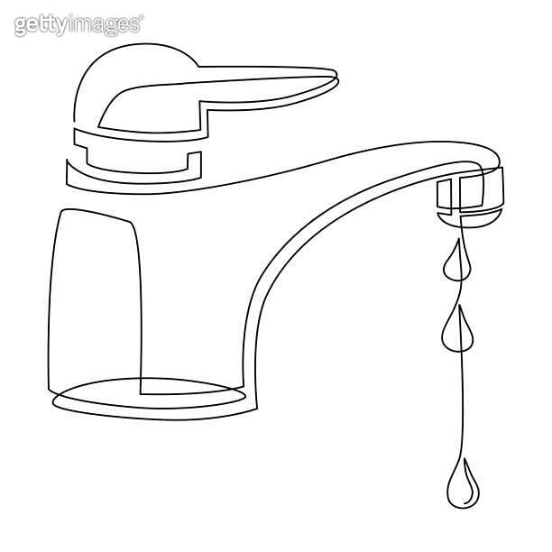 Water tap with dripping water. Plumbing. Continuous line drawing ...