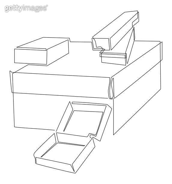 Set of boxes of different sizes. Stacked open and closed boxes. One ...