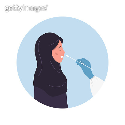 Muslim woman does PCR test. Nasal swab laboratory analysis. Covid-19 ...