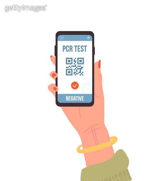 QR code with PCR test. Check of safety from covid-19. Female hand ...