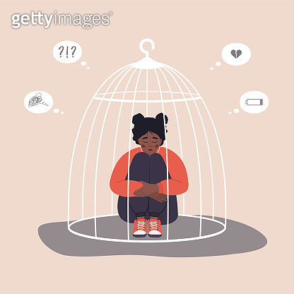 African woman locked in cage. Unhappy female character sitting on floor ...