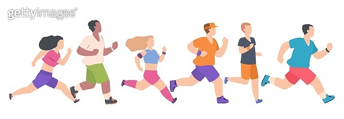 Men and women running. Cartoon people jogging. Teenagers training in ...