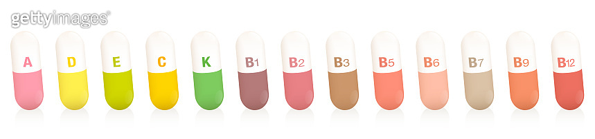 Colorful vitamin pills in naturally occurring colors, set of all 13 ...