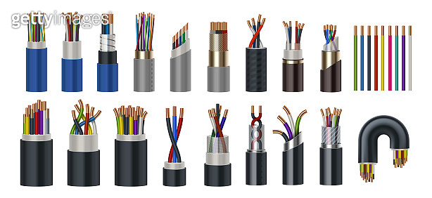 Realistic wires. Flexible electric cables with different isolation types. 3D coaxial bundles of ...