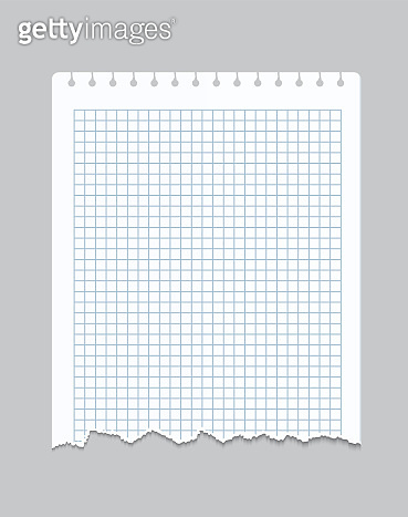 Torn notebook page. Realistic checkered sheet of paper with perforated and ragged edges. Blank ...
