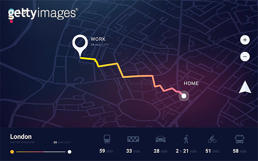 GPS track. City map application with navigation UI. Tracking path and ...