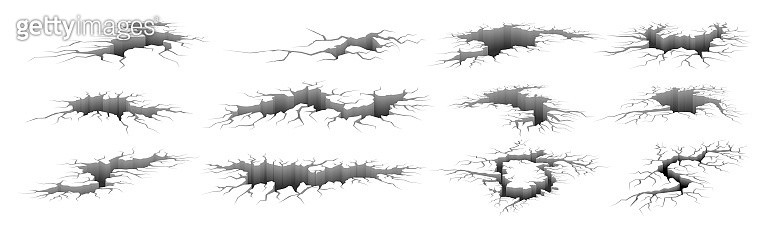 Earthquake cracks. Realistic 3D holes in ground, damaged concrete ...