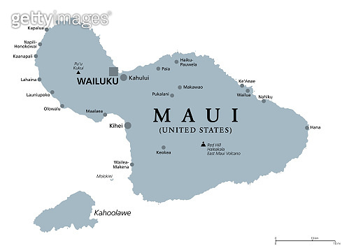 Maui, Hawaii, United States, gray political map, capital Wailuku ...