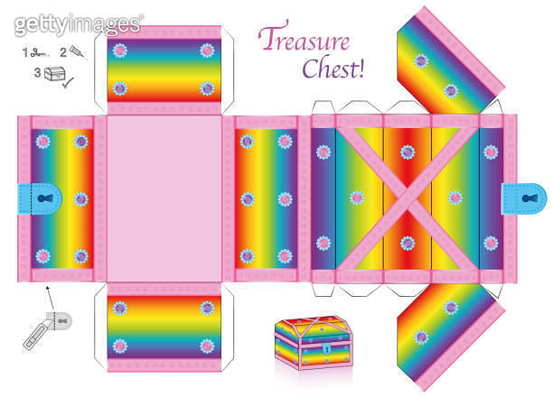 Treasure chest template. Rainbow colored paper model. Cut out, fold and ...