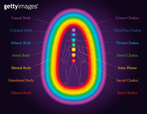 Aura bodies. The seven layers of a meditating man with related chakras ...