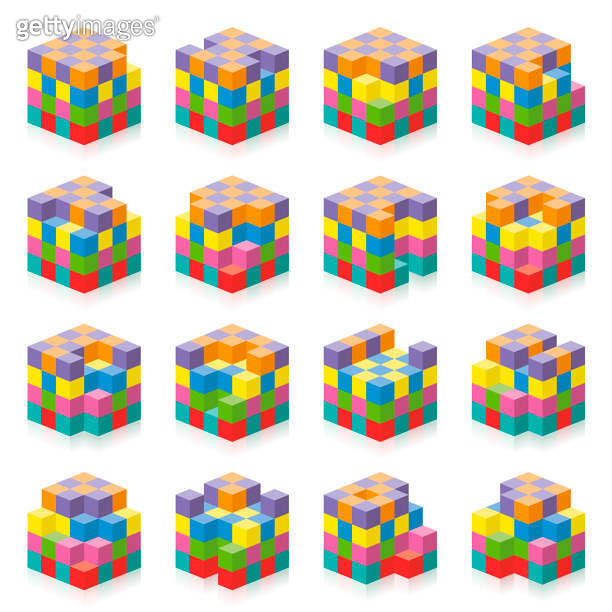 Cube with missing cubes from 1 to 16. Three-dimensional spatial ...