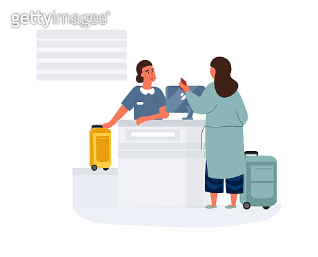 Woman in airport. Female check-in before departure. Passenger hands ...