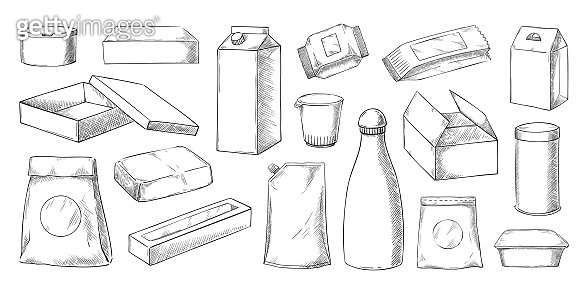 Food package sketch. Hand drawn cardboard box for meal or drink ...